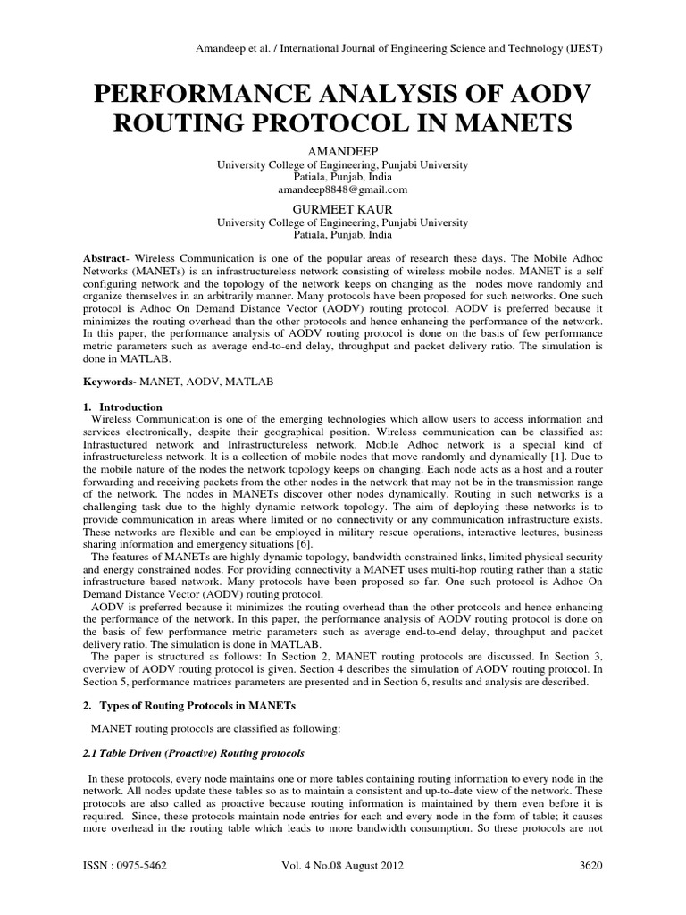 Performance Analysis Of Aodv Routing Protocol In Manets Amandeep Pdf Routing Wireless Ad