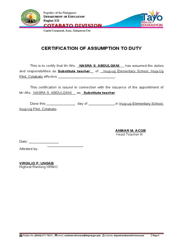 Certification of Duty Assumption | PDF | Wellness