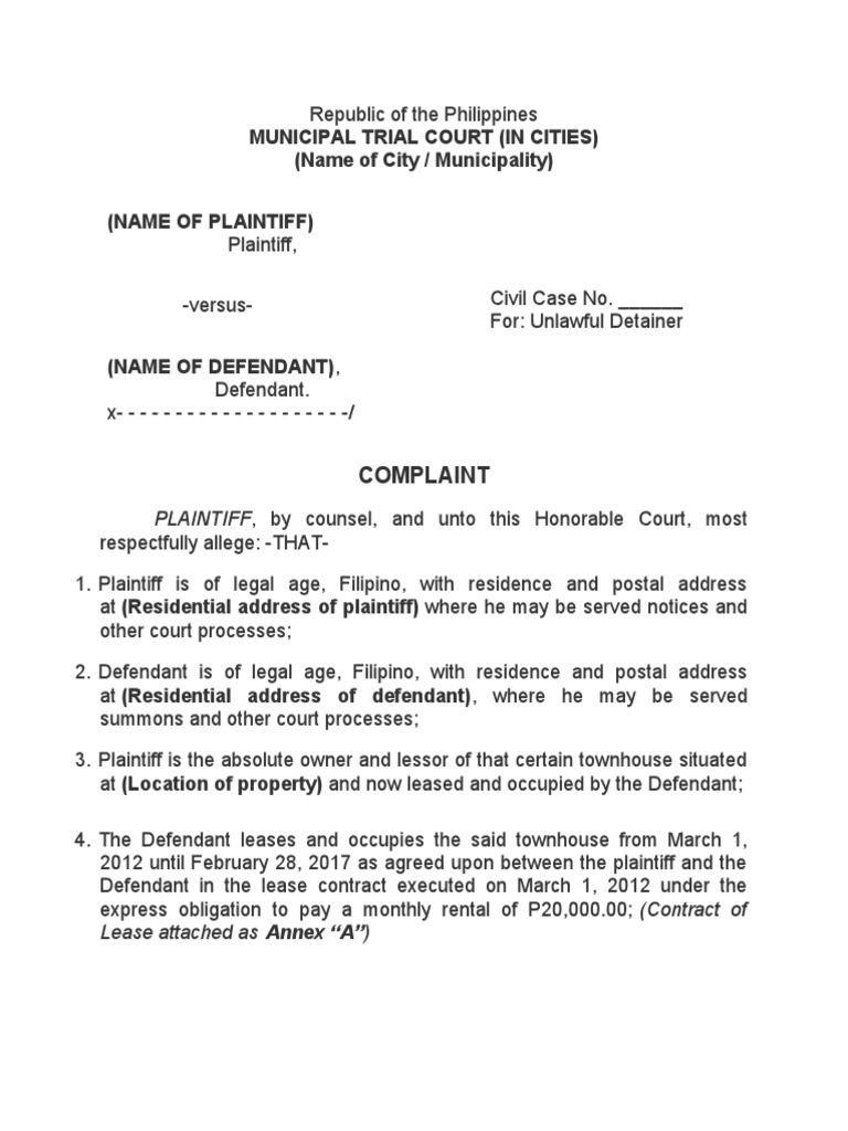 Complaint - Ejectment | PDF | Lease | Lawsuit