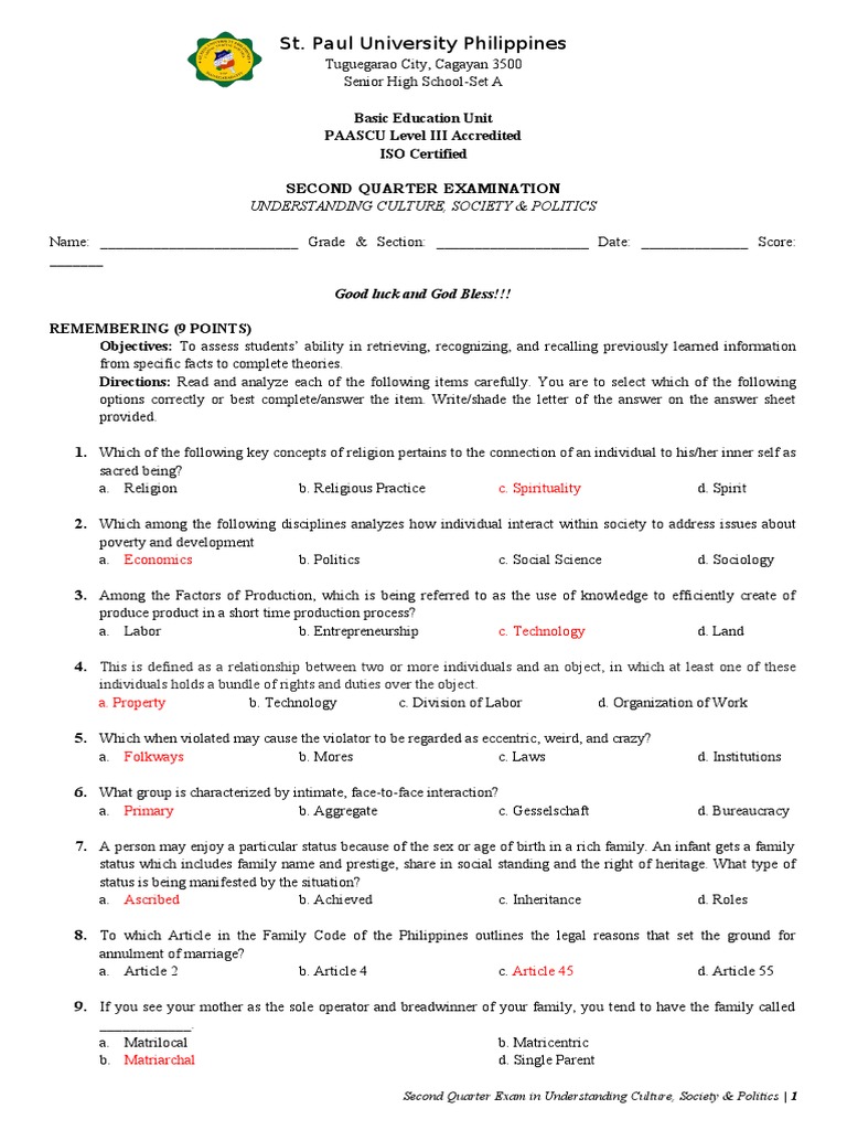 Second Quarter Exam in Ucsp | PDF | Family | Marriage
