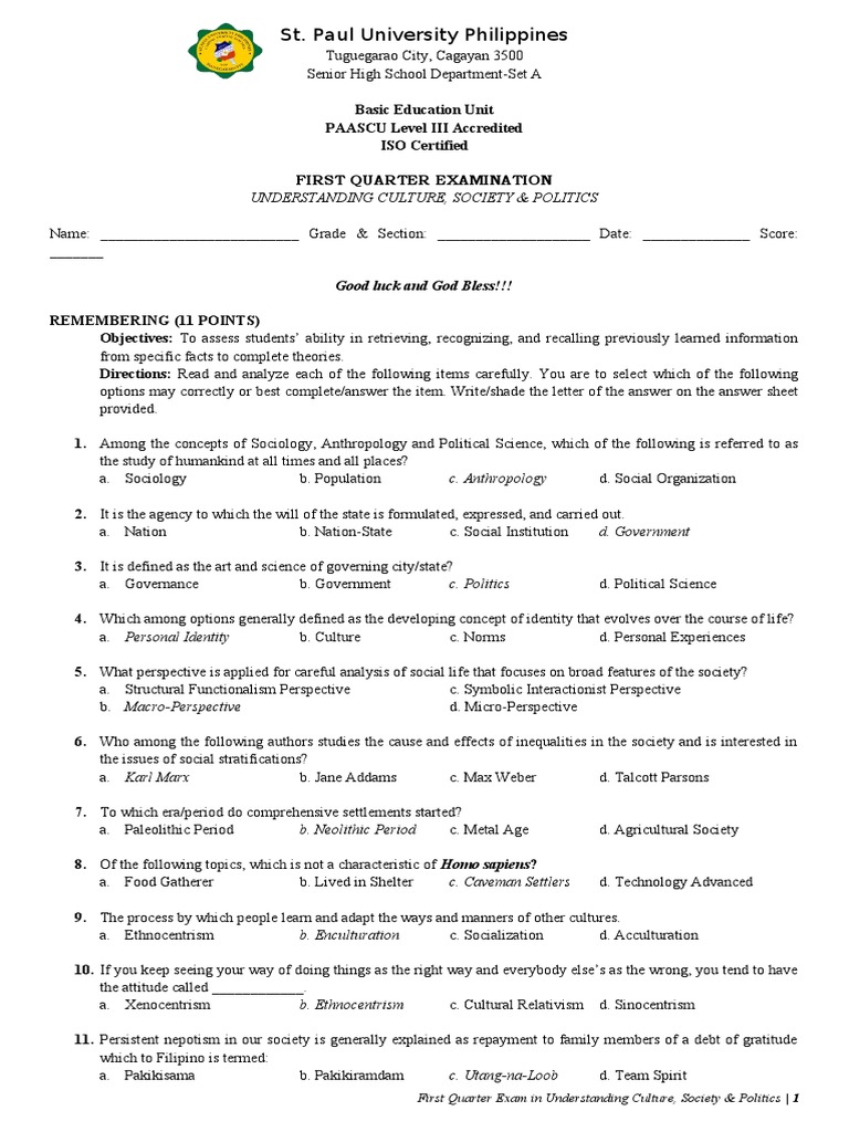 First Wuarter Exam in Ucsp Answer Key | PDF | Sociology | Homo