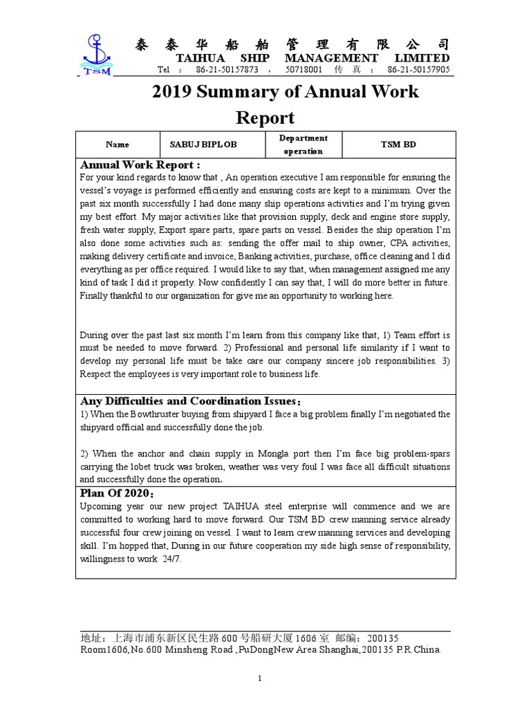 2019 Summary of Annual Work Report New | PDF | Water Transport | Ships
