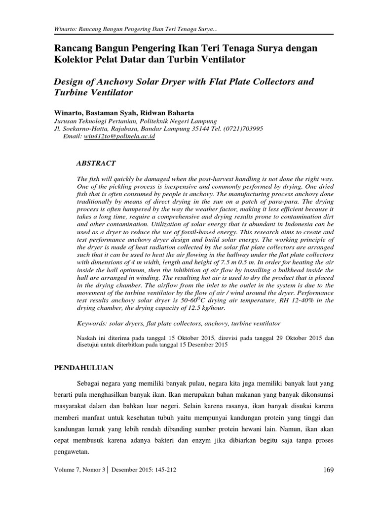 Design of Anchovy Solar Dryer With Flat Plate Collectors and Turbine ...
