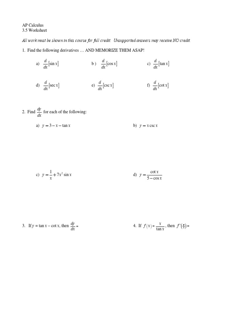 ABCALC 3-5 Derivatives of Trig Functions Worksheet | PDF | Acceleration ...