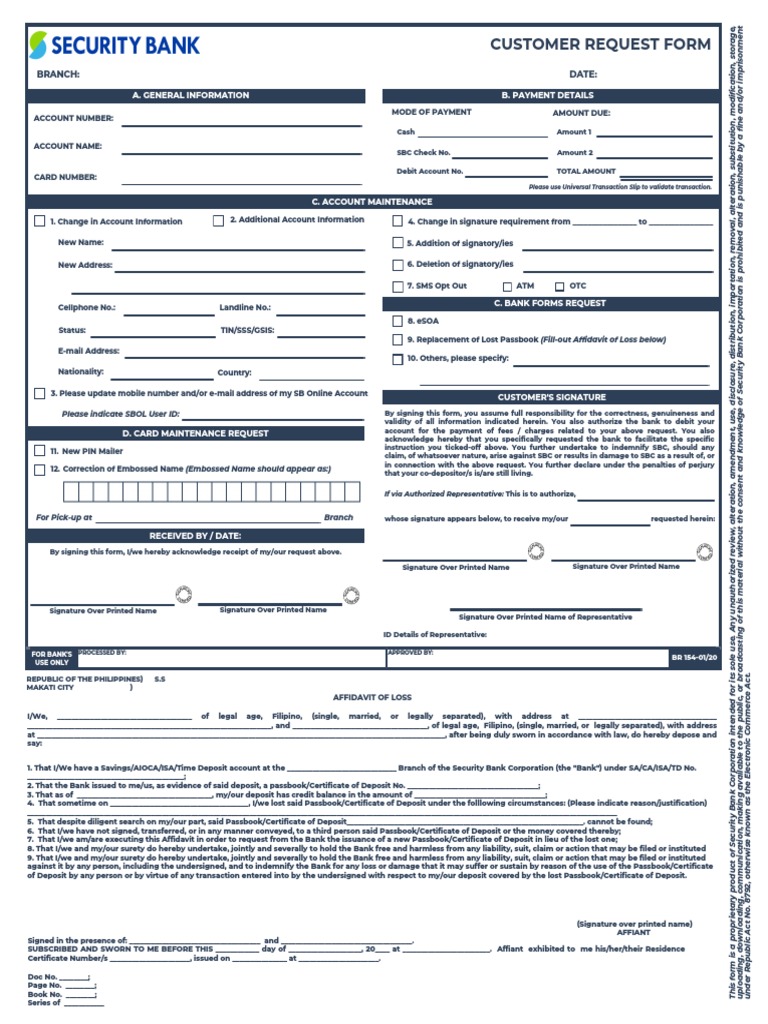 Customer Request Form (CRF) PDF | PDF | Passbook | Debit Card