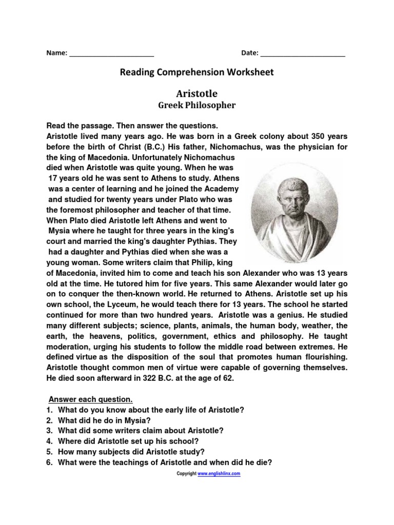 Reading Comprehension Worksheet Aristotle: Greek Philosopher | PDF ...