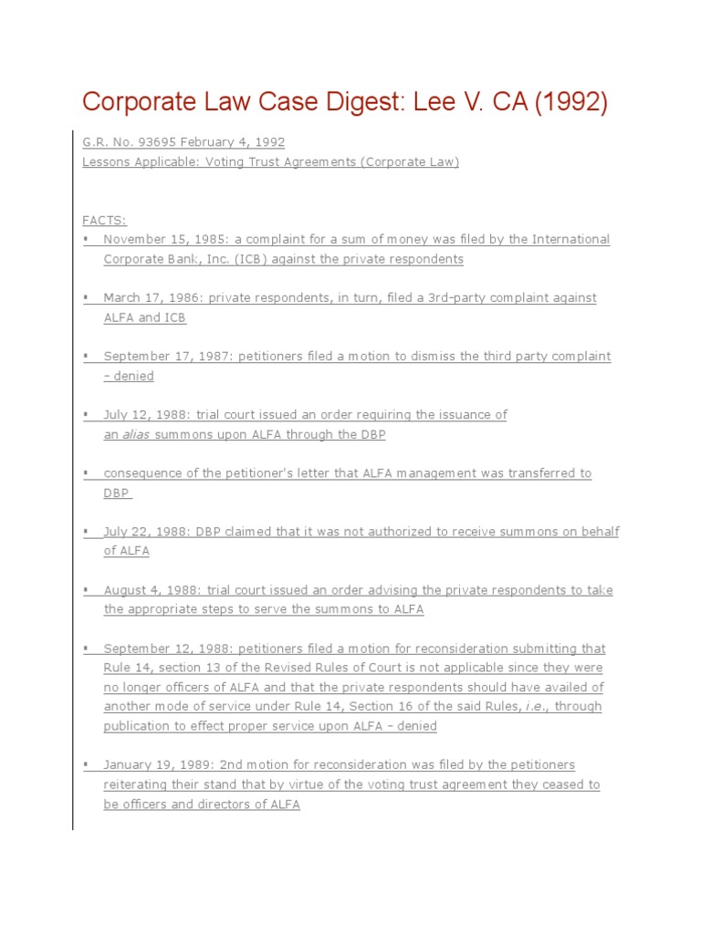 Corporate Law Case Digest: Lee V. CA (1992) | PDF | Trust Law | Complaint