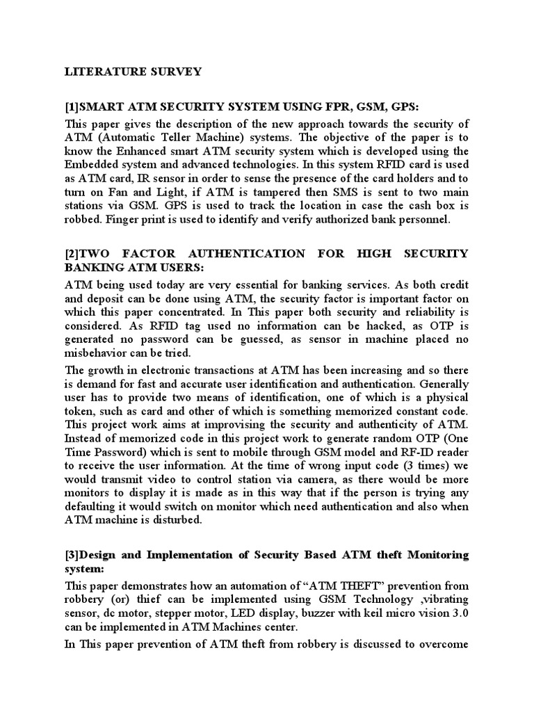 Literature Survey 1 Smart Atm Security System Using Fpr Gsm Gps Pdf Automated Teller