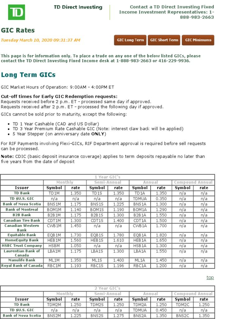 TD Direct Investing GIC Rates | PDF | Banking | Institutional Investors