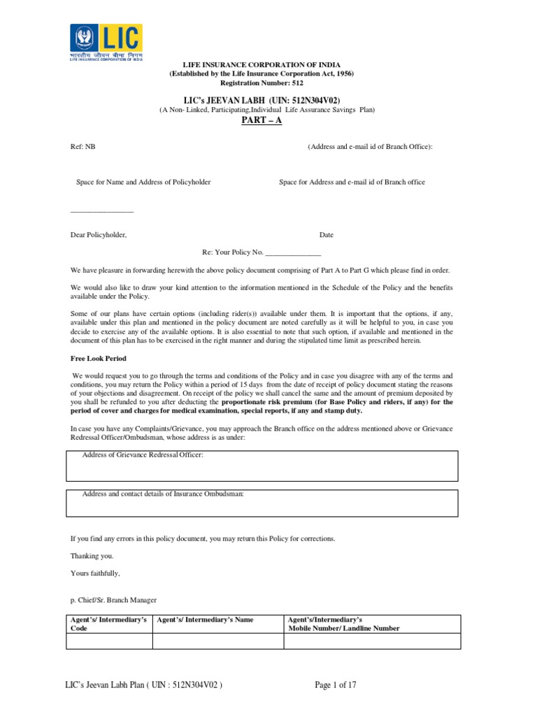 Final Policy Doc - LIC S Jeevan Labh PDF | PDF | Insurance | Life Insurance