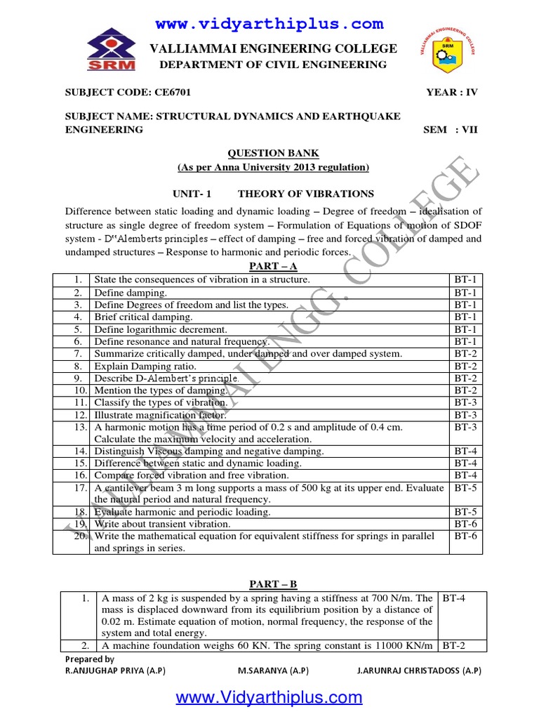CE6701-Structural Dynamics and Earthquake PDF | PDF | Earthquakes ... CE6701-Structural Dynamics and Earthquake PDF | PDF | Earthquakes ...