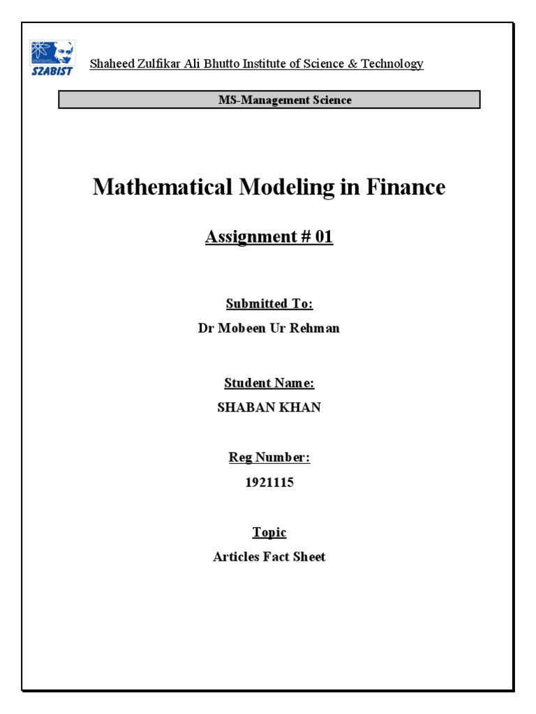 Mathematical Modeling in Finance: Assignment # 01 | PDF