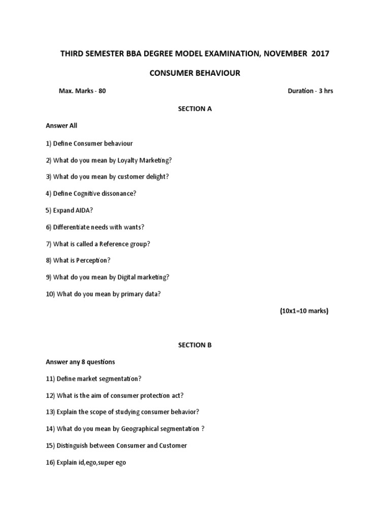 Third Semester Bba Degree Model Examination, November 2017 Consumer Behaviour | PDF | Business