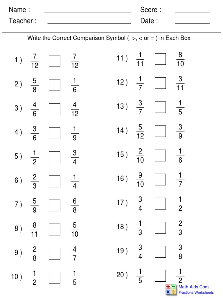 Write The Correct Comparison Symbol (, or ) in Each Box | PDF ...