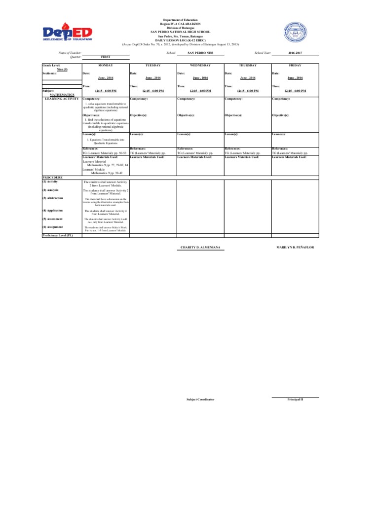 Grade 9 Math Lesson Plan | PDF | Equations | Mathematical Concepts