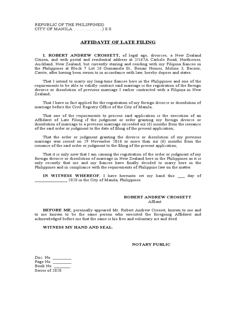Affidavit of Late Filing - Robert Andrew Crosset | Download Free PDF | Affidavit | Divorce