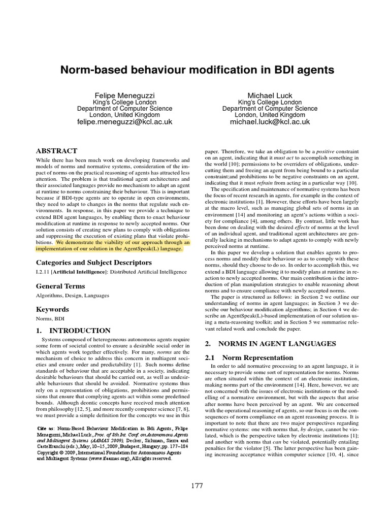Norm-Based Behaviour Modification in BDI Agents: Felipe Meneguzzi ...