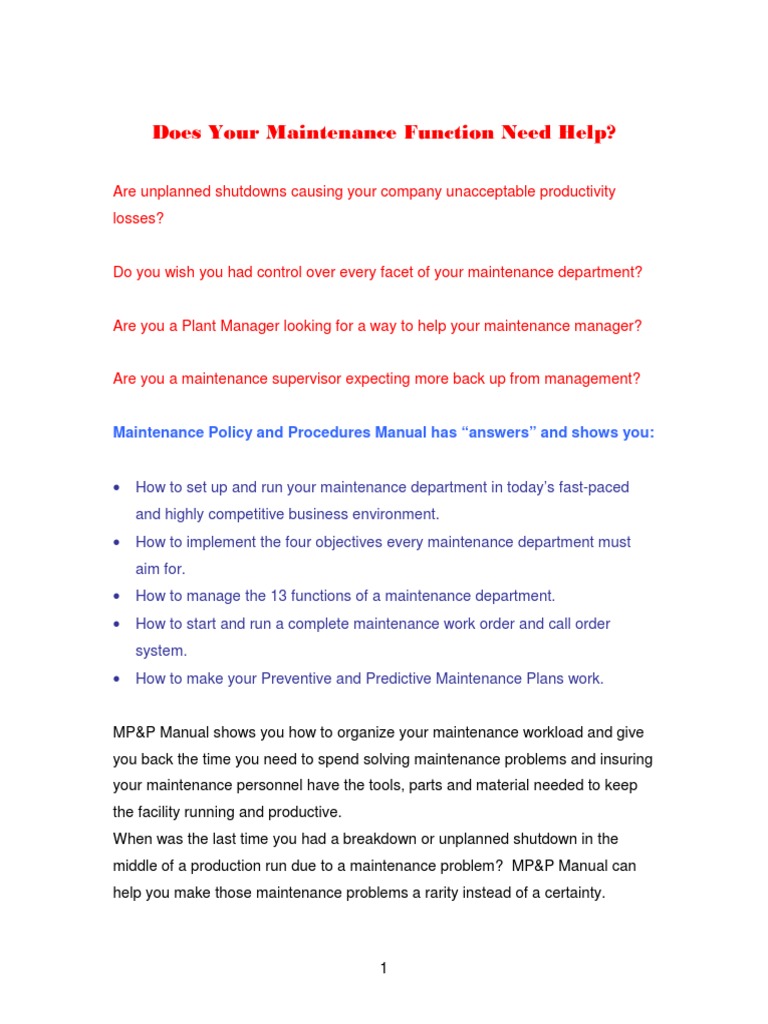 Maintenance Policy Manual for Productivity | PDF | Business | Economies