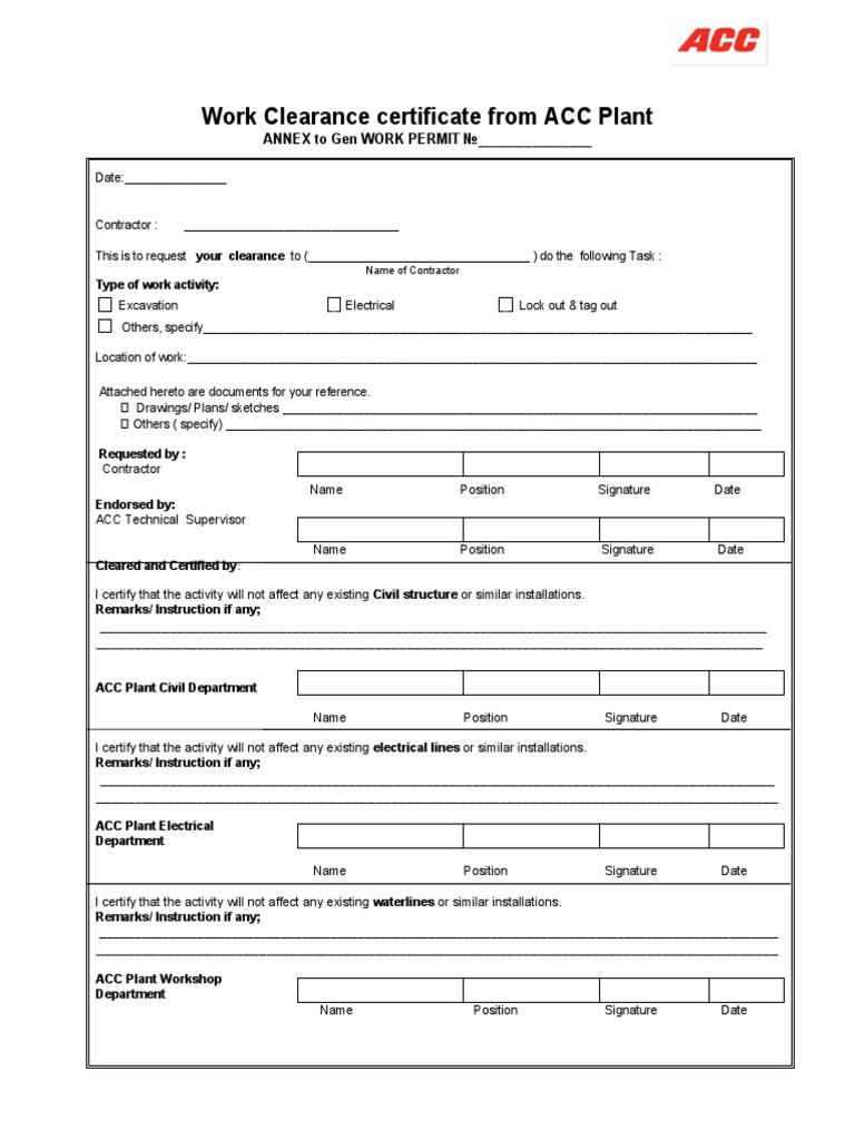 Work Clearance Certificate From ACC Plant: ANNEX To Gen WORK PERMIT | PDF