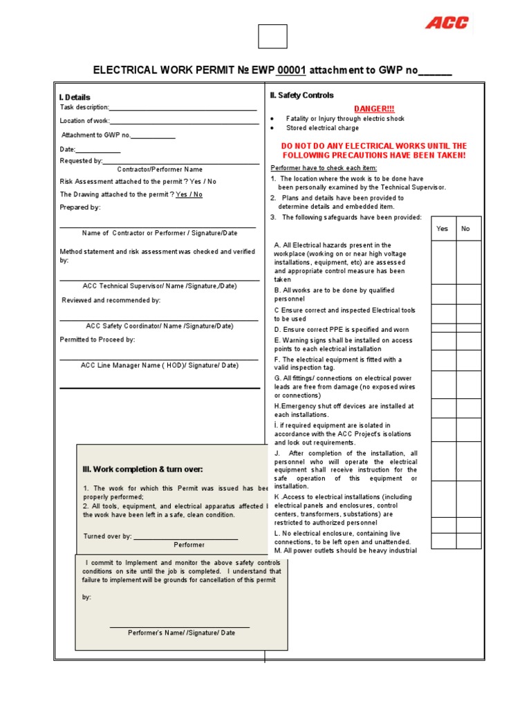 Electrical Work Permit ACC Jamul | PDF | Electrical Substation ...