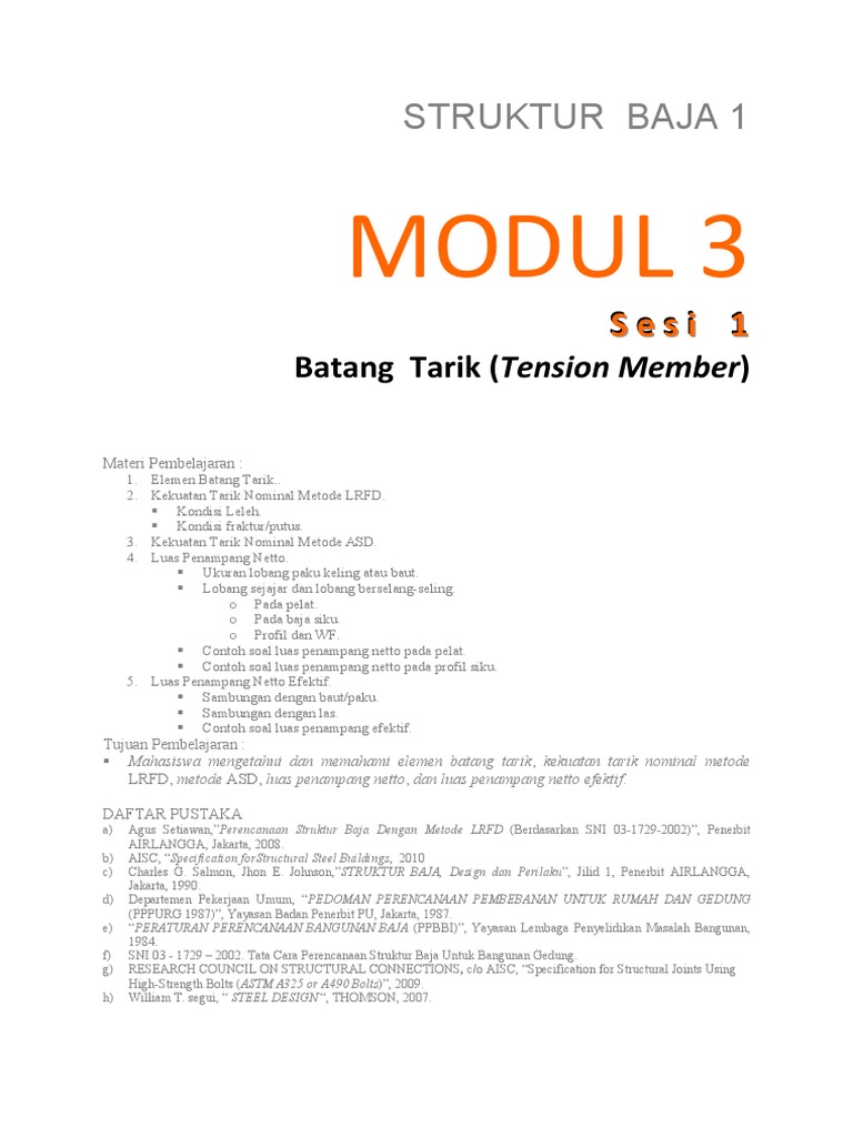04 Modul 3 Sesi 1 Batang Tarik Kekuatan Tarik Nominal Metode LRFD & ASD PDF | PDF
