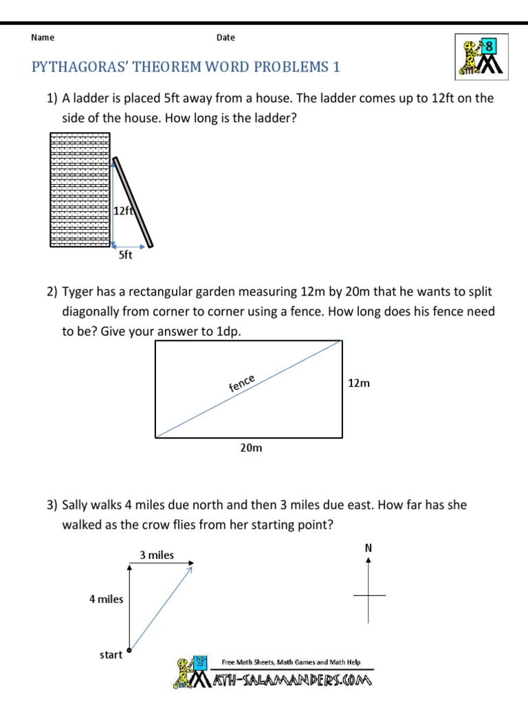 Pythagoras' Theorem Word Problems 1: Name Date | PDF