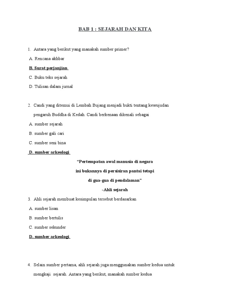 Sejarah BAB 1 (Soalan Objektif Dan Subjektif) | PDF