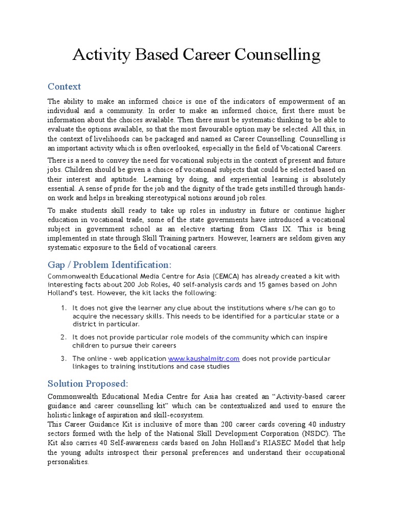 Activity Based Career Guidance Proposal - SAMT | PDF | Vocational ...
