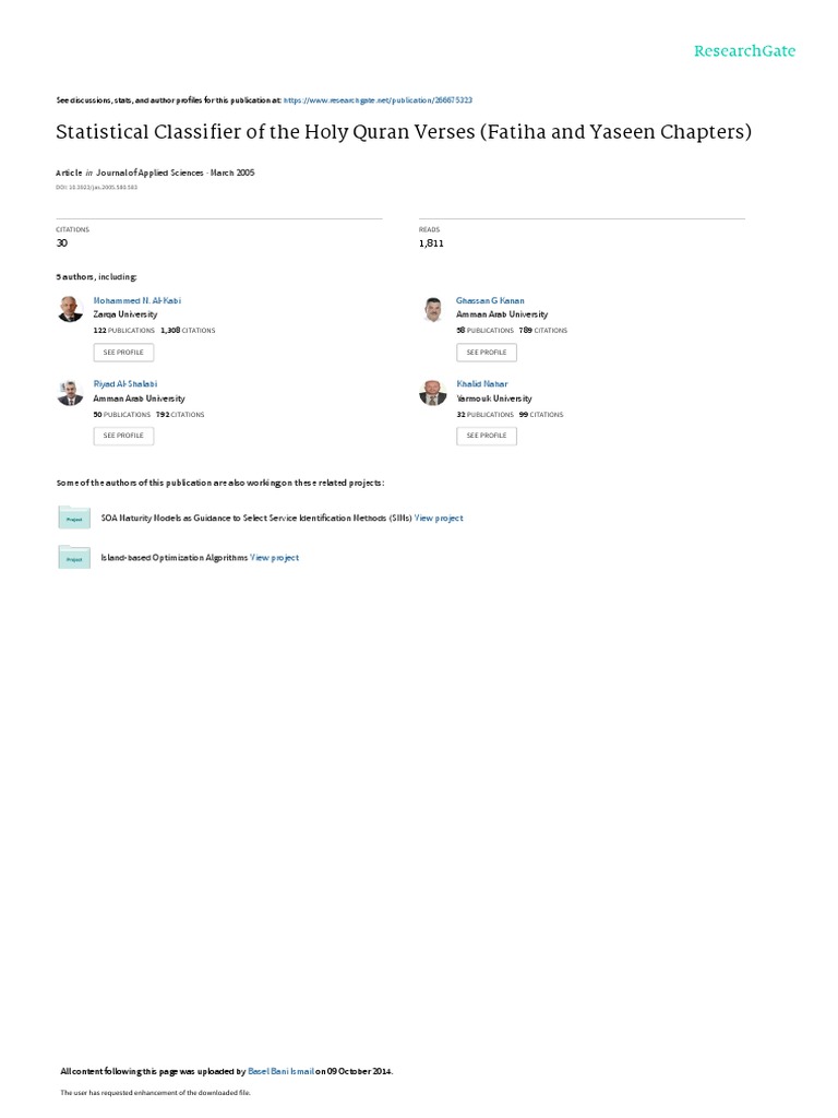 Statistical Classifier of The Holy Quran Verses (Fatiha and Yaseen Chapters) | PDF