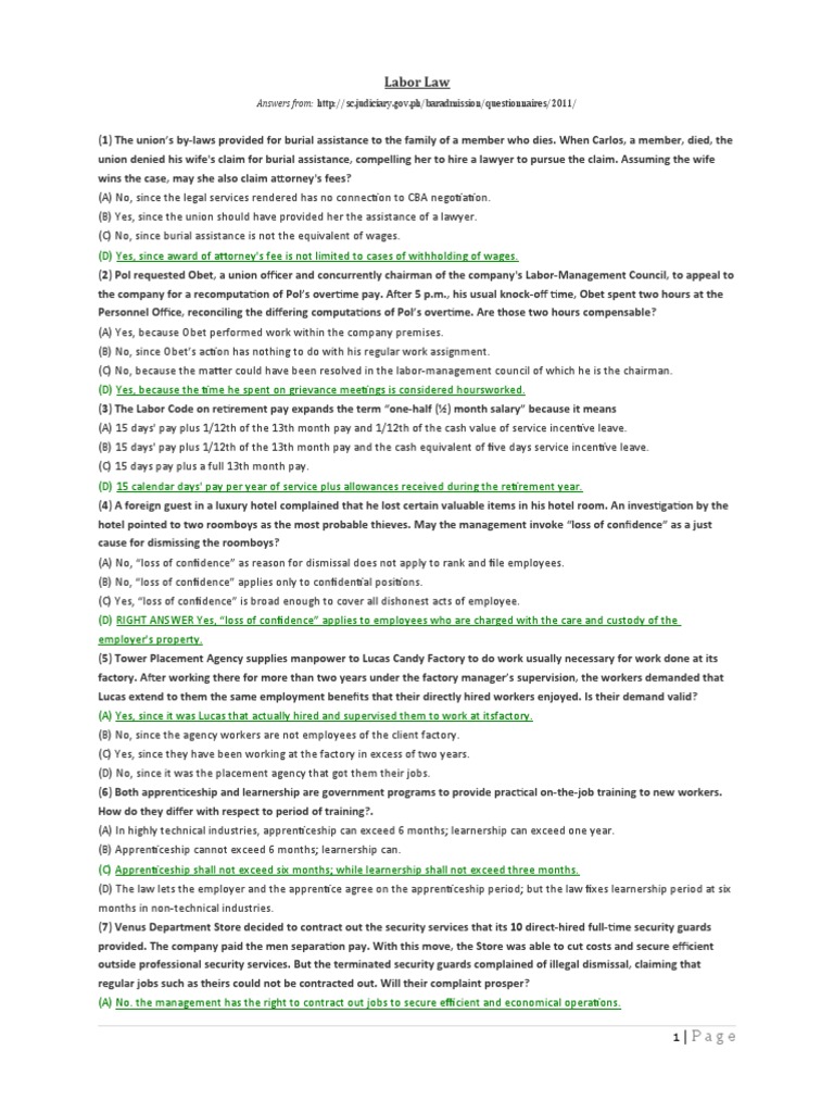 Answers To Labor Law Bar Exam Questions 2011 MCQ Philippine Bar Exam ...