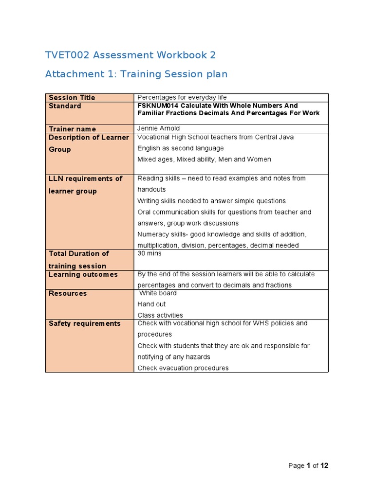 FSKNUM014 Training Session Plan JA With Activity Attachment | PDF ...