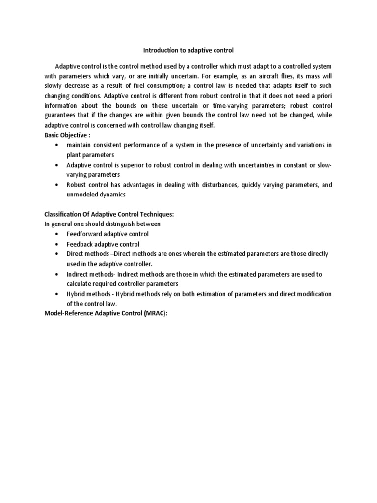 Overview of Adaptive Control Techniques | PDF | Control Theory | Analysis