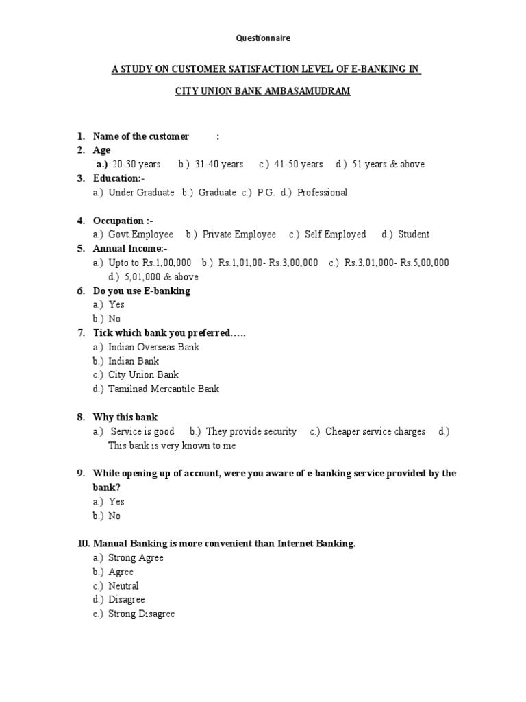 A Study On Customer Satisfaction Level of E-Banking in City Union Bank ...