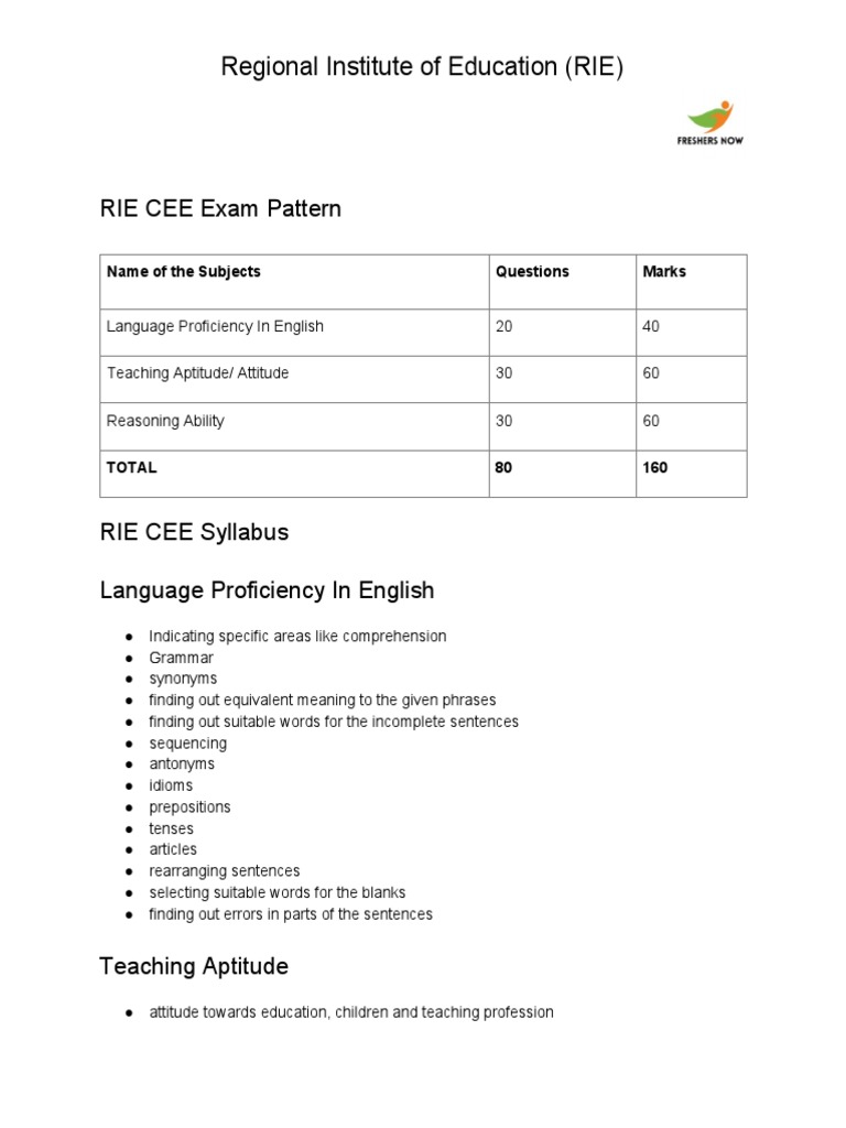 Regional Institute of Education (RIE) : RIE CEE Exam Pattern | PDF ...