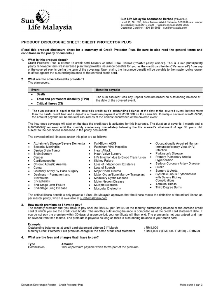 Product Disclosure Sheet: Credit Protector Plus | PDF | Life Insurance ...