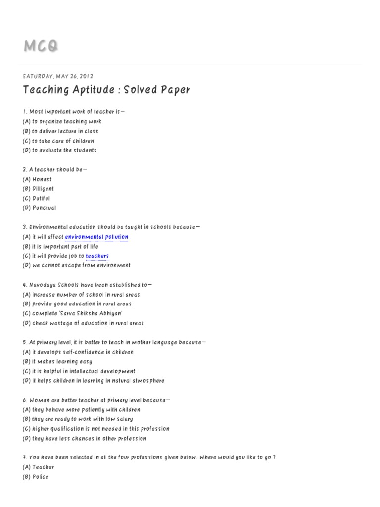 Teaching Aptitude MCQs with Answers | PDF | Schools | Teachers