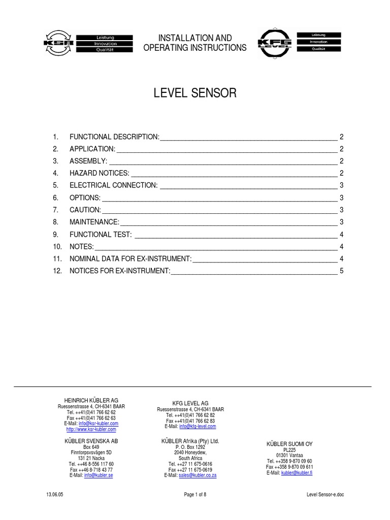Level Sensor: Installation and Operating Instructions | PDF | Switch ...