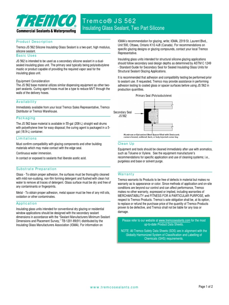 Tremco® JS 562: Insulating Glass Sealant, Two Part Silicone | PDF ...