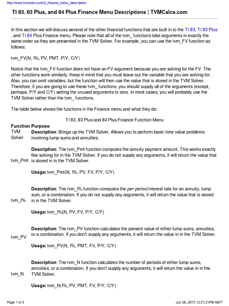 TI 83, TI 83 Plus TI 84: Per Period | PDF | Present Value | Net Present ...