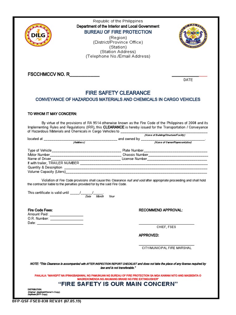 BFP Fire Safety Clearance for Transporting Hazardous Materials | PDF ...