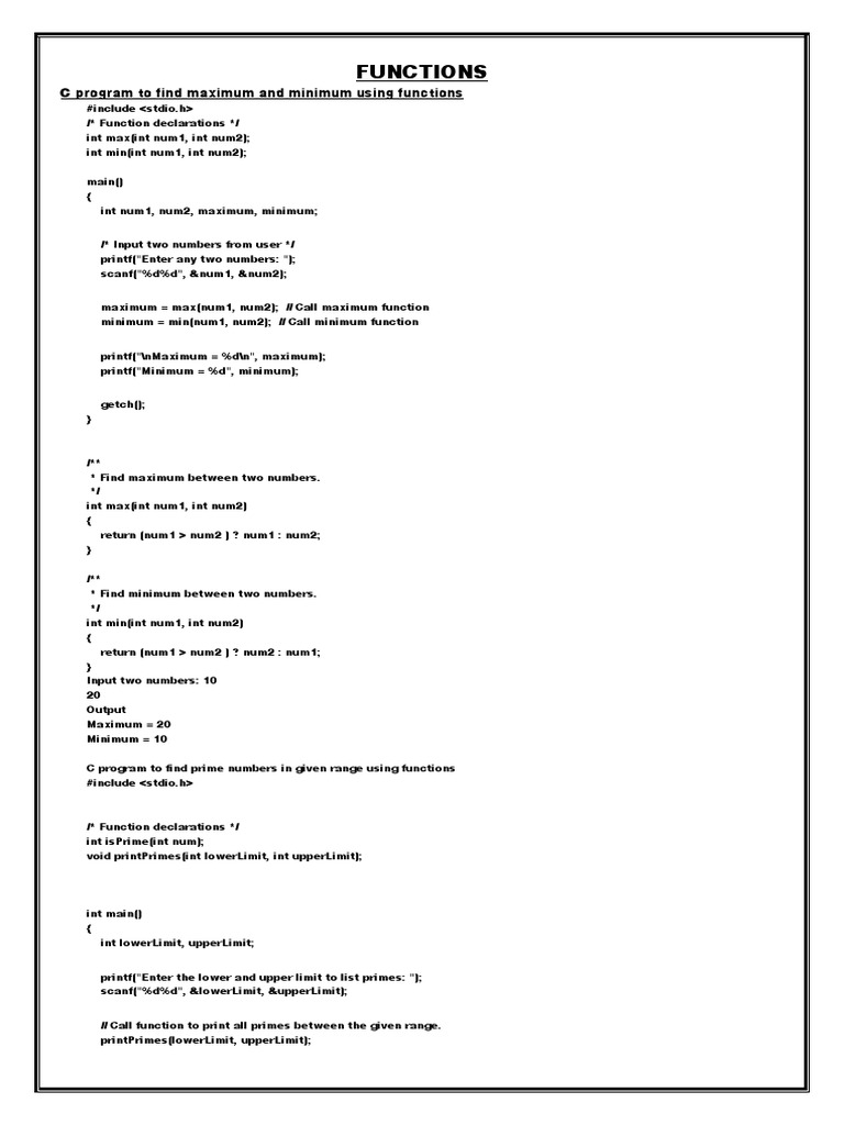 Functions C Program To Find Maximum And Minimum Using Functions Pdf Pointer Computer