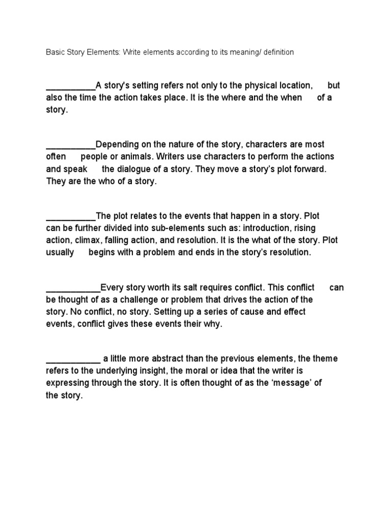Basic Story Elements: Write Elements According To Its Meaning ...