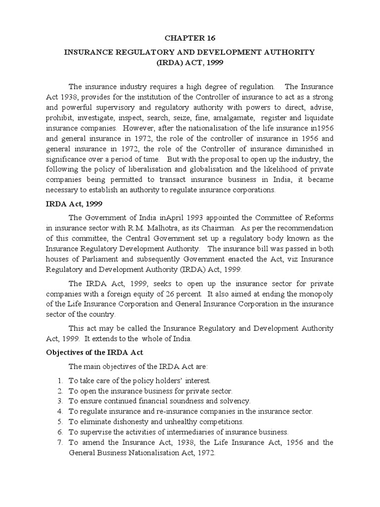 Insurance Regulatory and Development Authority (IRDA) ACT, 1999 | PDF ...
