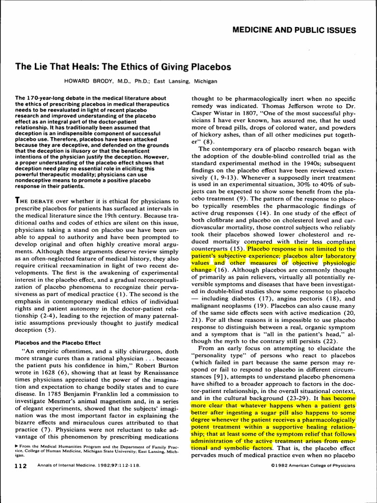 The Lie That Heals: The Ethics of Giving Placebos: Medicine and Public ...