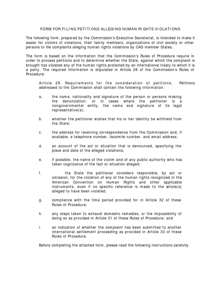 Form For Filing Petitions Alleging Human Rights Violations | PDF ...