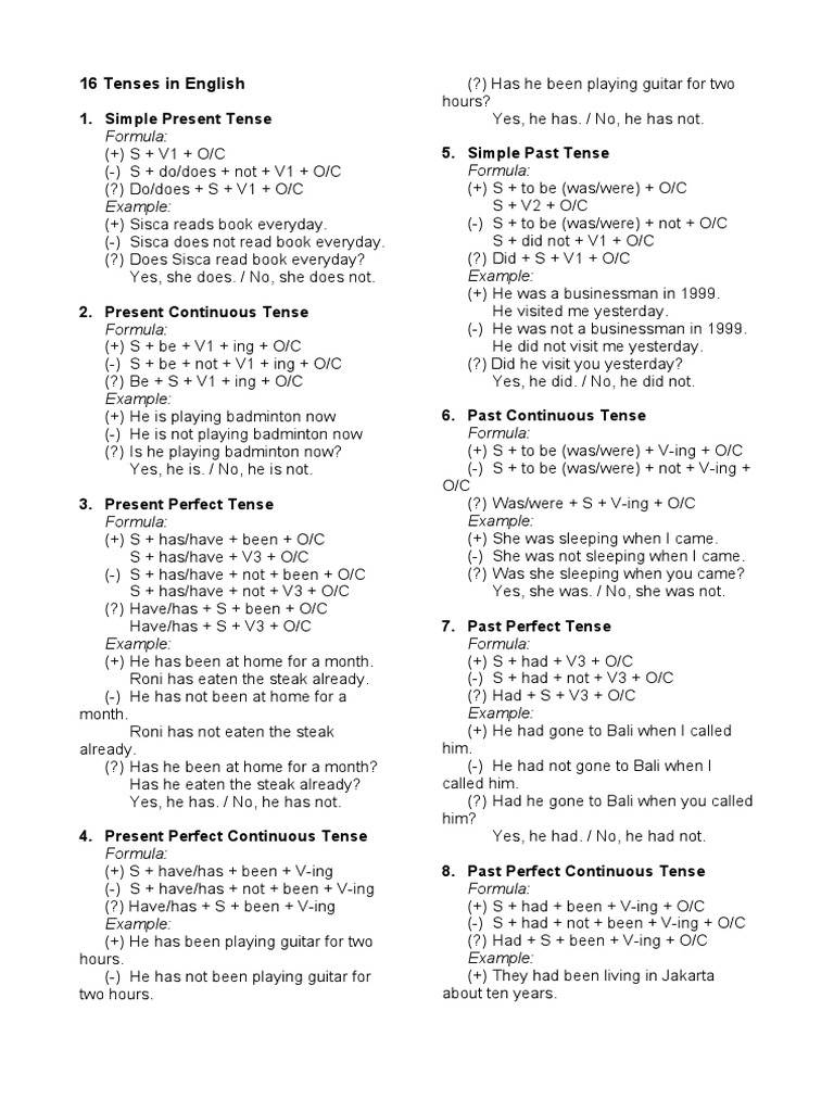 16 Tenses in English: Formula: Formula | PDF | Grammatical Tense ...