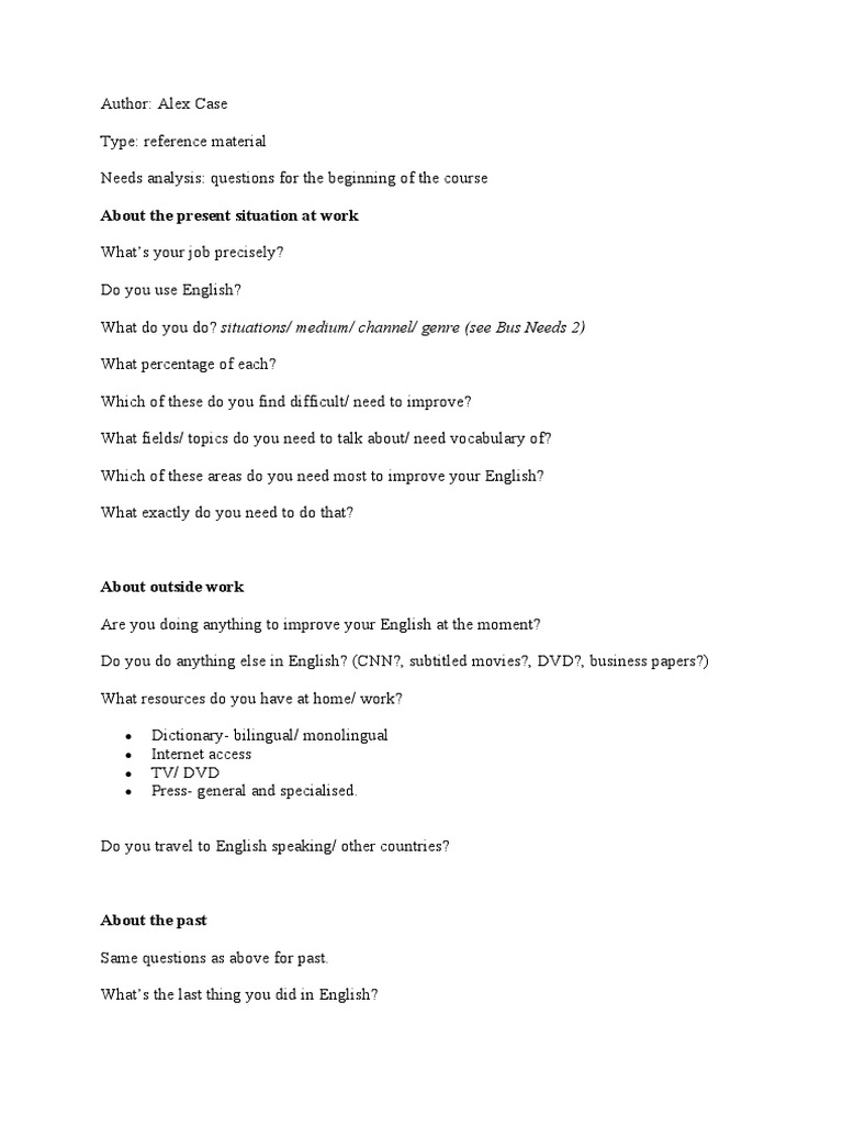 Needs Analysis | PDF | English Language | Human Communication