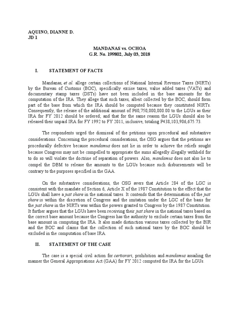 Mandanas v. Ochoa Case Digest | PDF | Devolution | Mandamus
