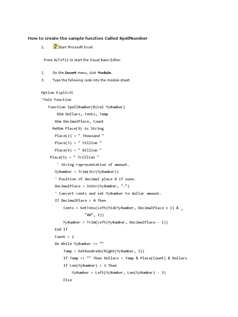 How To Create The Sample Function Called Spell Number Pdf Microsoft Excel Computer Engineering