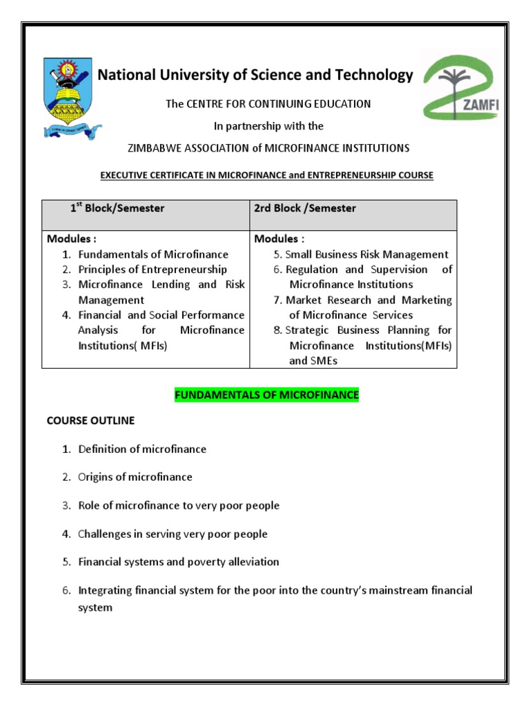 Course Outlines For Executive Certificate in Microfinance and ...